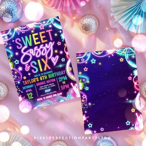 Editable Sweet Sassy and Six Birthday Party Invitation Neon Glow Sweet ...