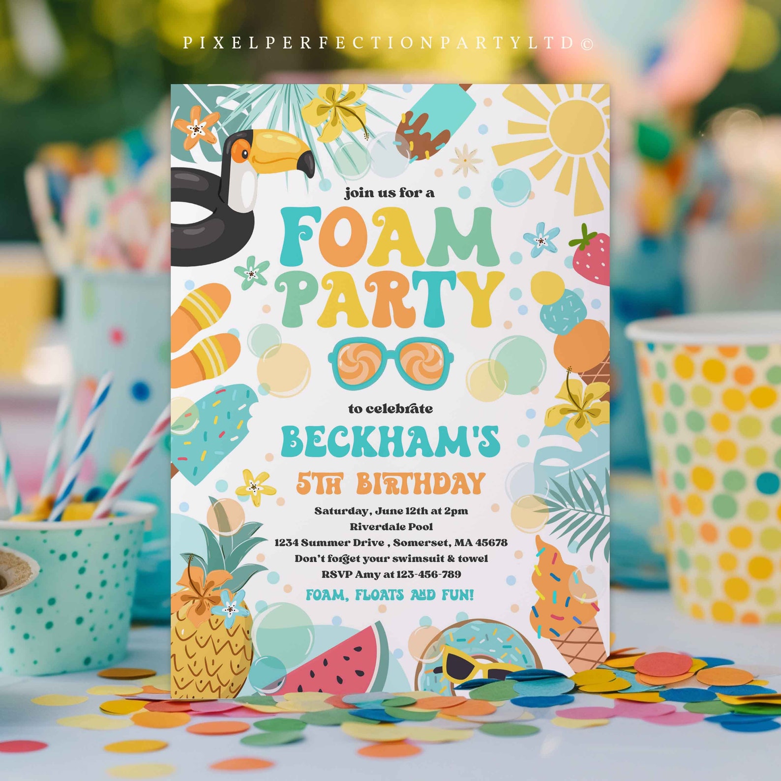 Editable Foam Birthday Party Invitation Tropical Pool Foam Boy Pool ...