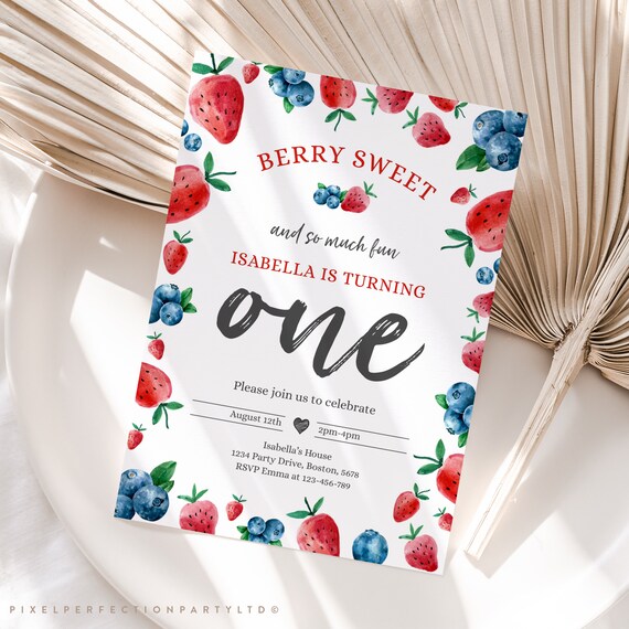 Editable Strawberry & Blueberry 1st Birthday Invitation Berry Sweet ...