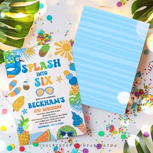 Editable Splash Into Six 6th Birthday Pool Party Invitation Tropical ...