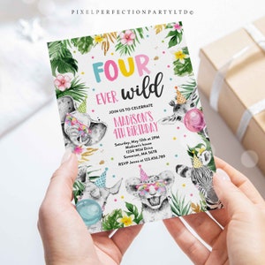 Editable Four Ever Wild Birthday Invitation Safari Animals Fourever ...