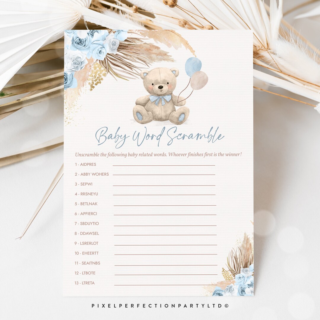 Editable Boho Teddy Bear Baby Word Scramble Game Bohemian Pampas Grass ...