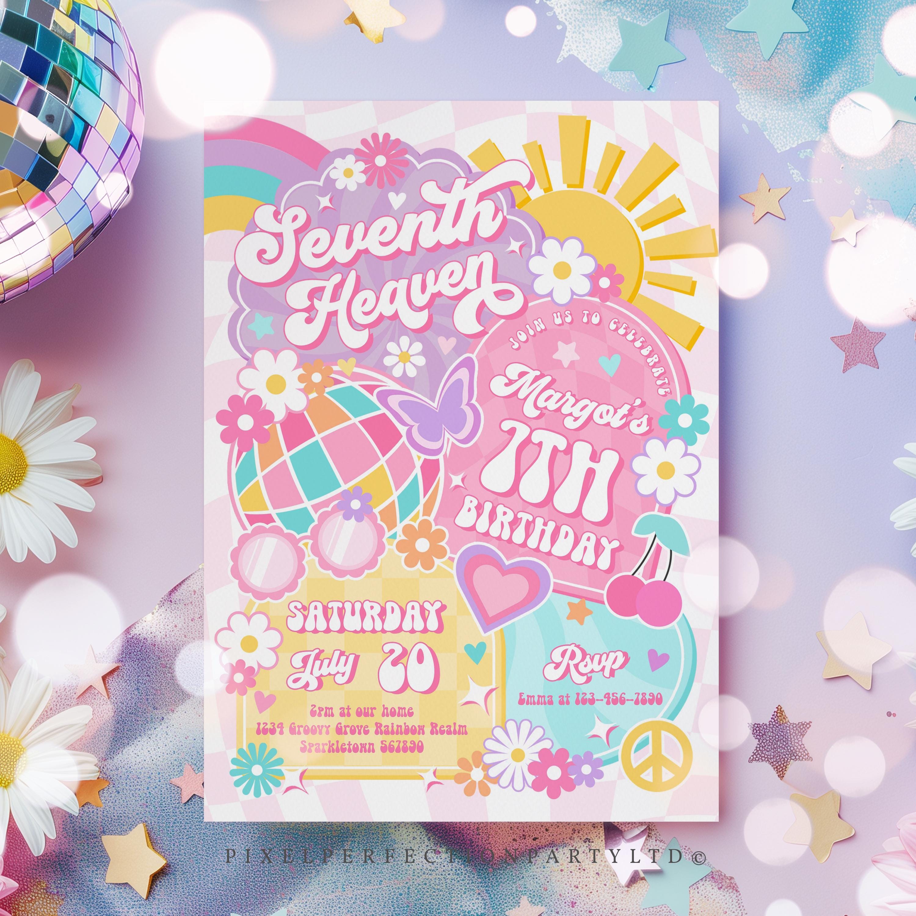 Editable 7th Heaven Birthday Party Invitation Groovy 7th Birthday Party ...