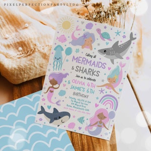 Editable Mermaid and Shark Birthday Party Invitation Sibling Mermaid ...