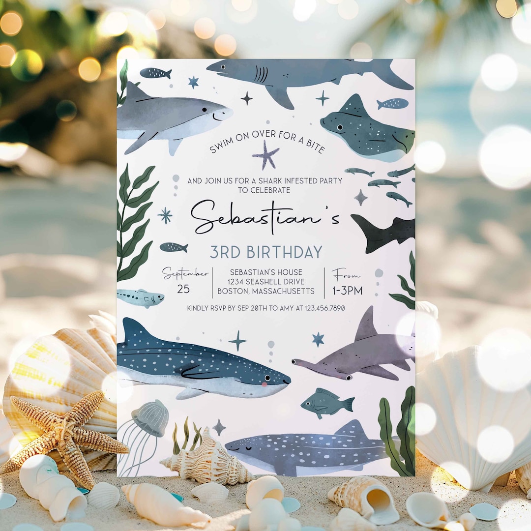 Editable Shark Birthday Party Invitation Shark Under the Sea 1st ...