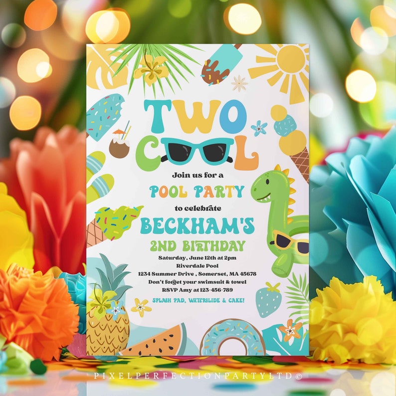 Editable Two Cool Birthday Party Invitation Tropical Splish Splash ...
