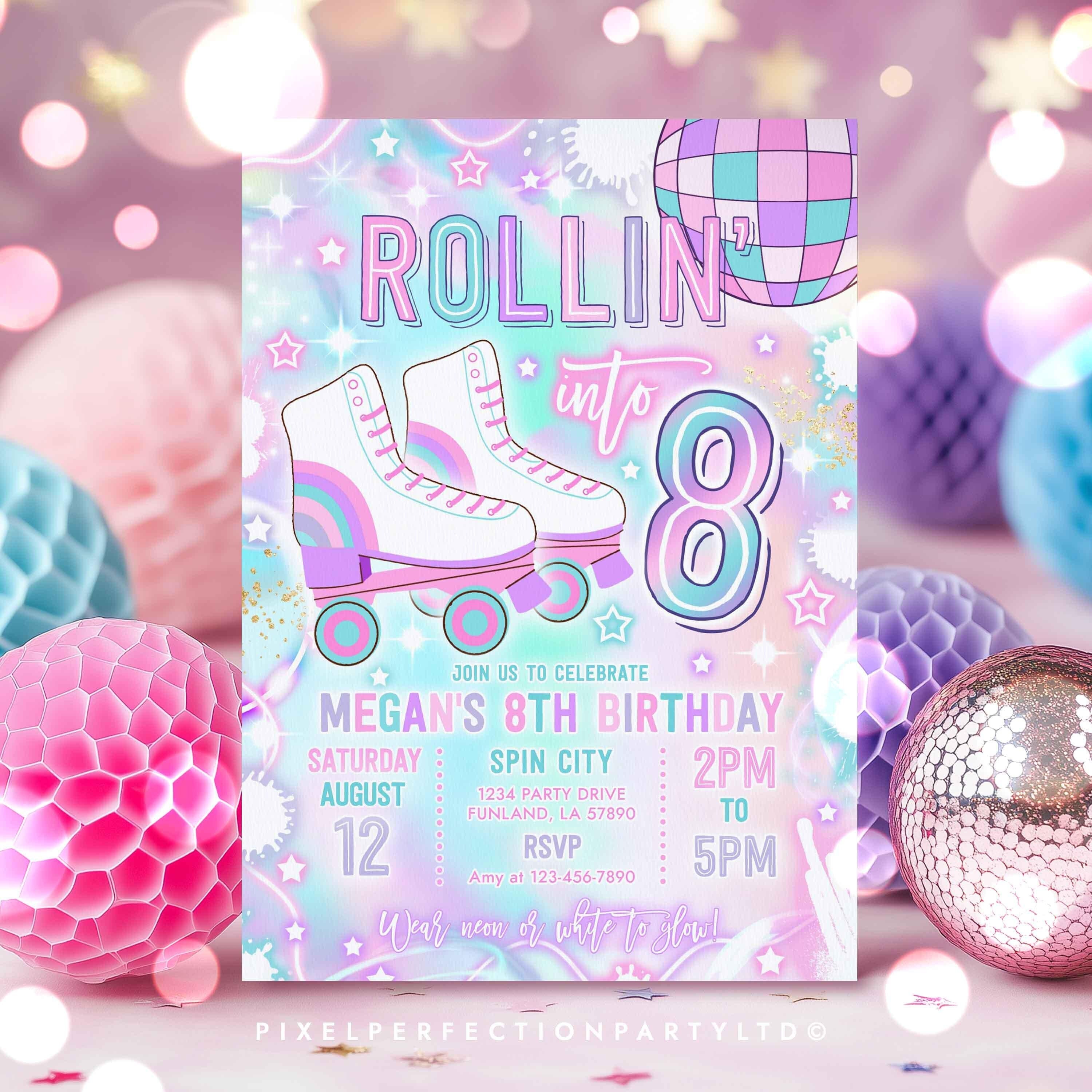 Editable Roller Skating 8th Birthday Party Invitation Rollin' Into ...