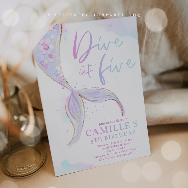 Editable Mermaid Dive Into Five 5th Birthday Invitation Purple - Etsy