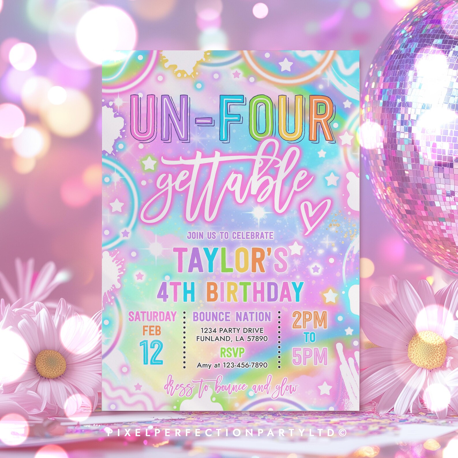 Editable Un-four-gettable Birthday Party Invitation Neon Glow 4th ...