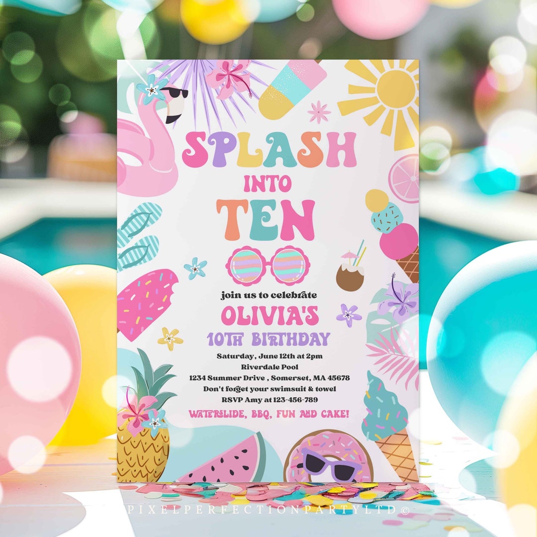 Editable Splash Into Ten 10th Birthday Pool Party Invitation Tropical ...