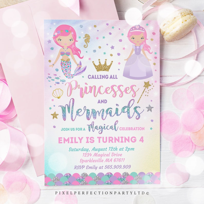 Editable Mermaid and Princess Birthday Invitation Princess and Mermaid ...