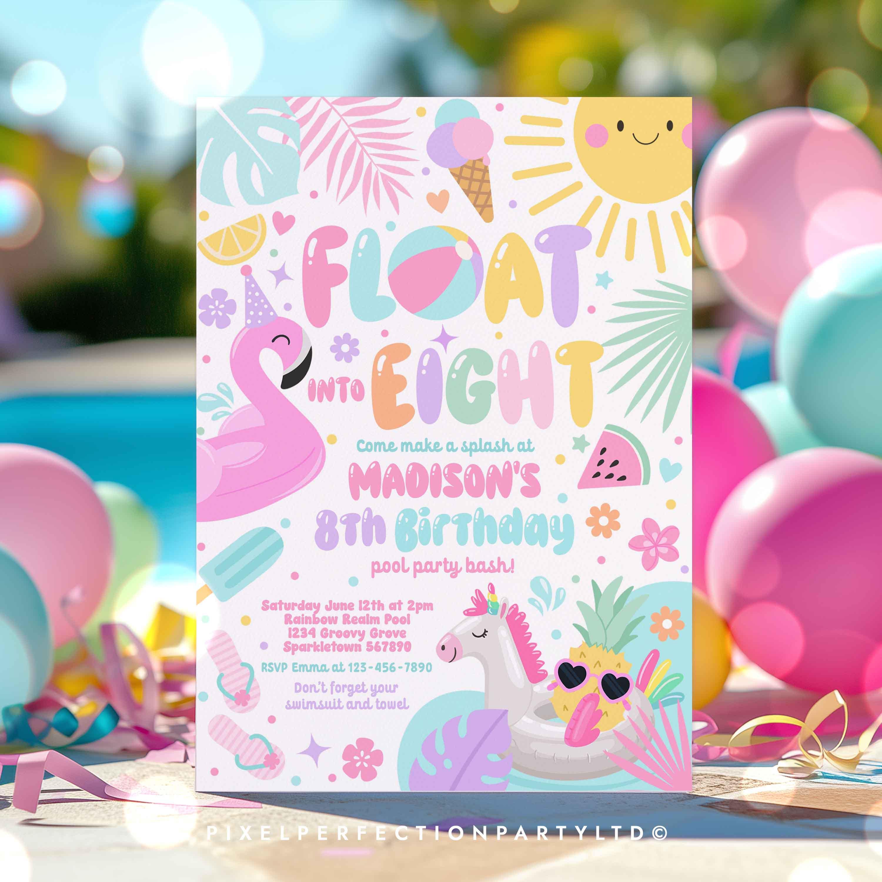 Editable Float Into Eight 8th Birthday Pool Party Invitation Tropical ...
