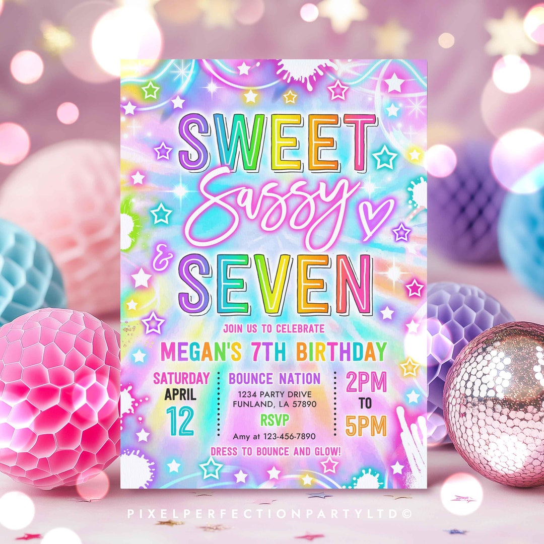 Editable Sweet Sassy and Seven Birthday Party Invitation Neon Glow ...
