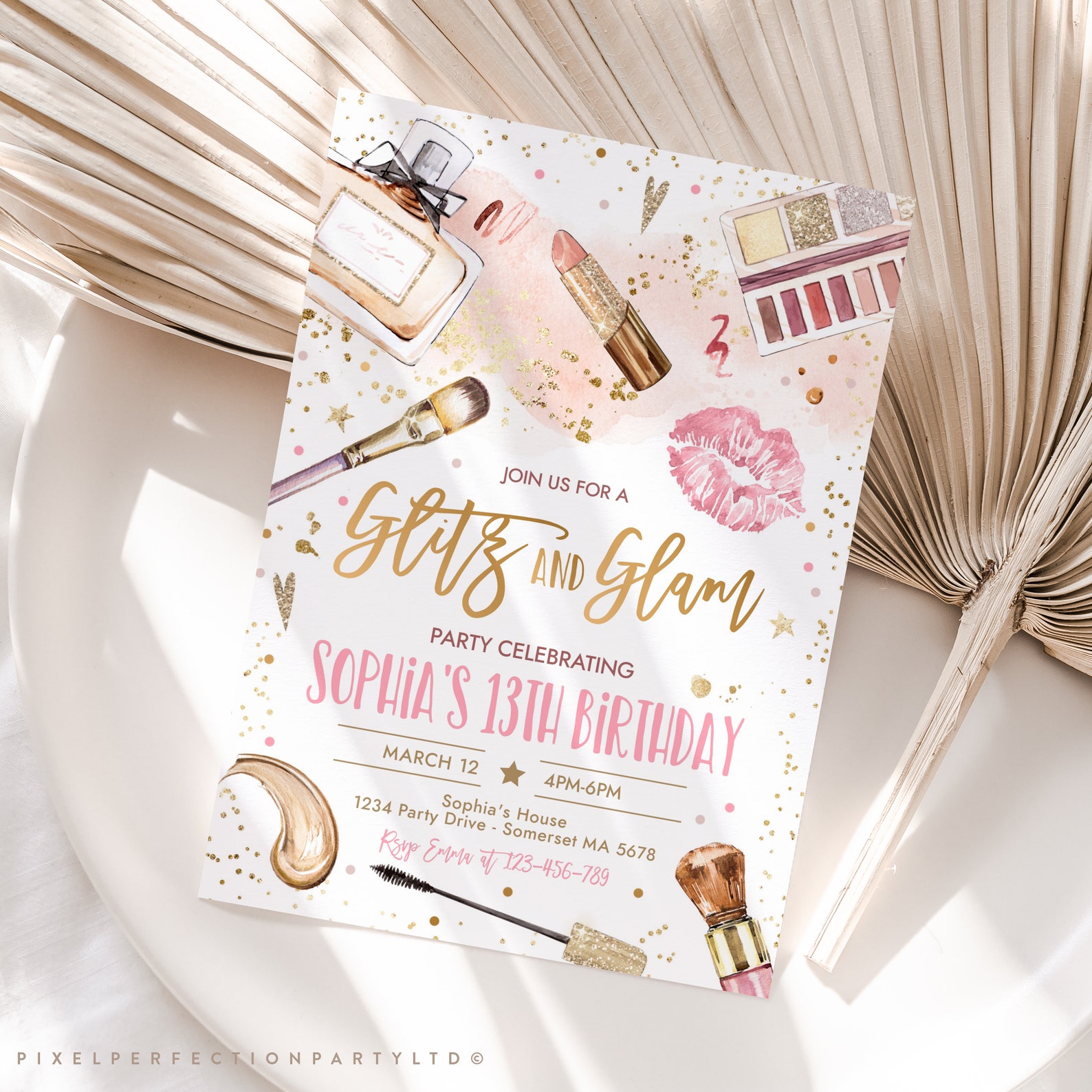 Editable Glitz and Glam Birthday Party Invitation Spa Makeup Birthday ...