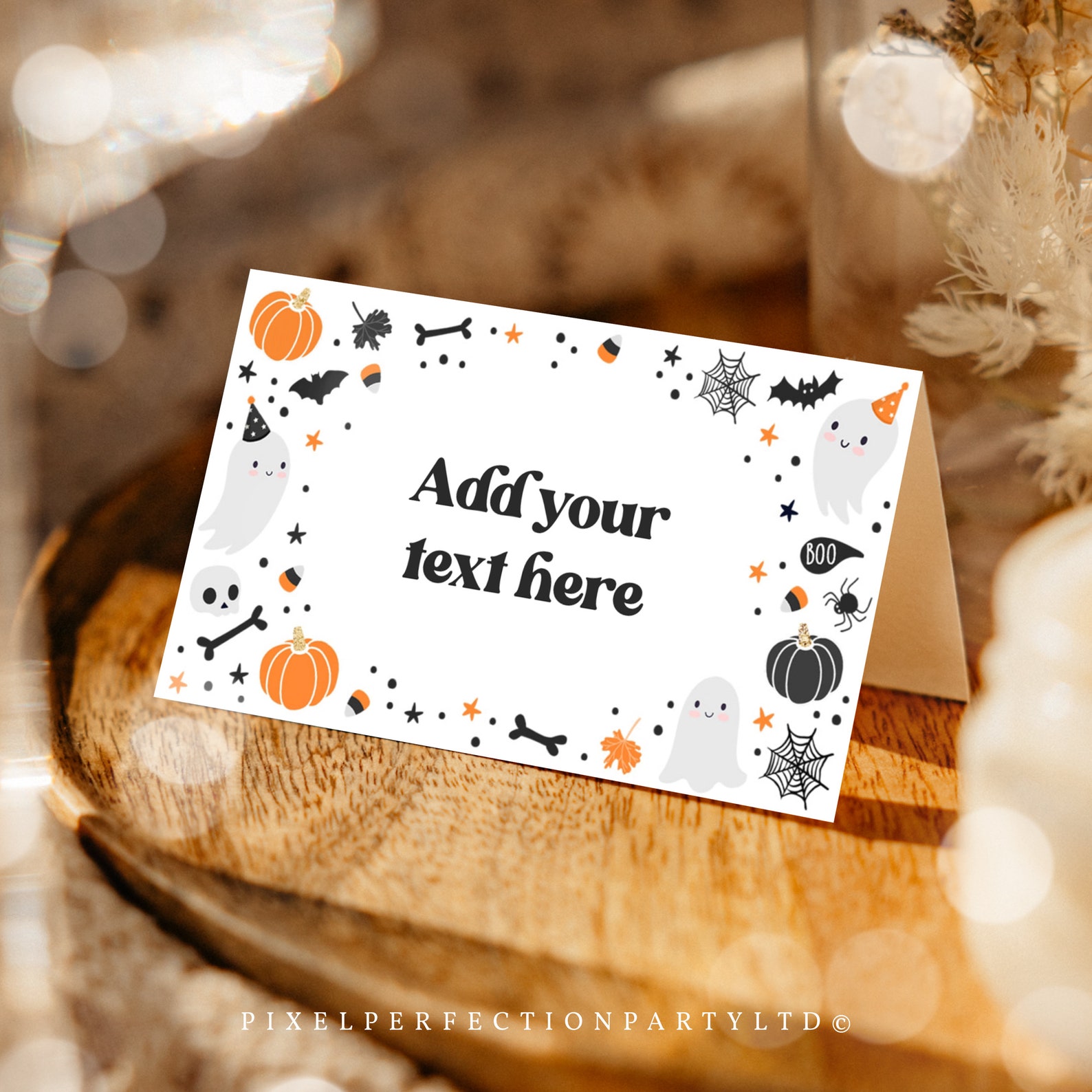 Editable Orange Halloween Ghost Folded Place Cards Neutral Ghost Spooky ...
