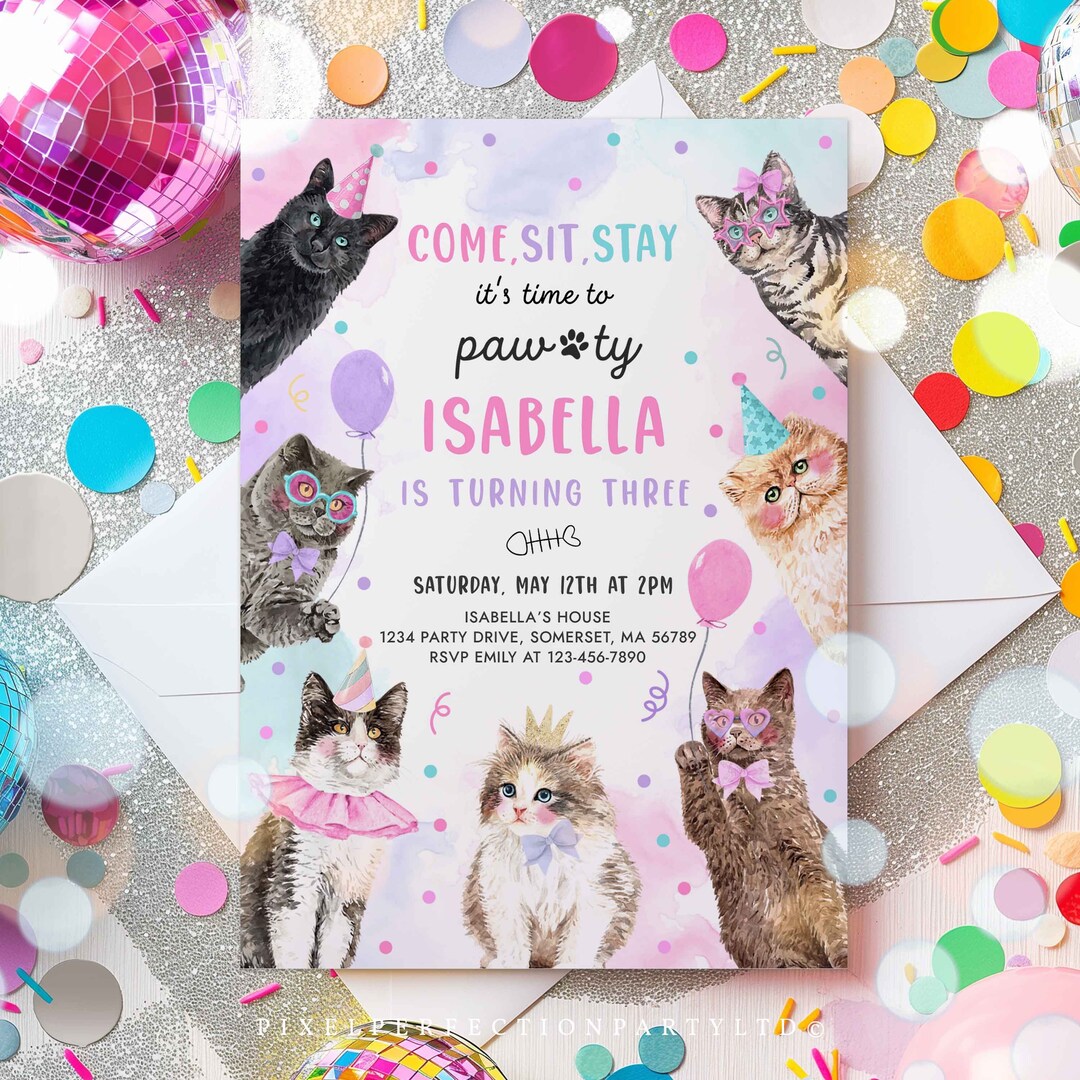 Editable Kitten Birthday Invitation Cat Birthday Party Invitation Let's ...
