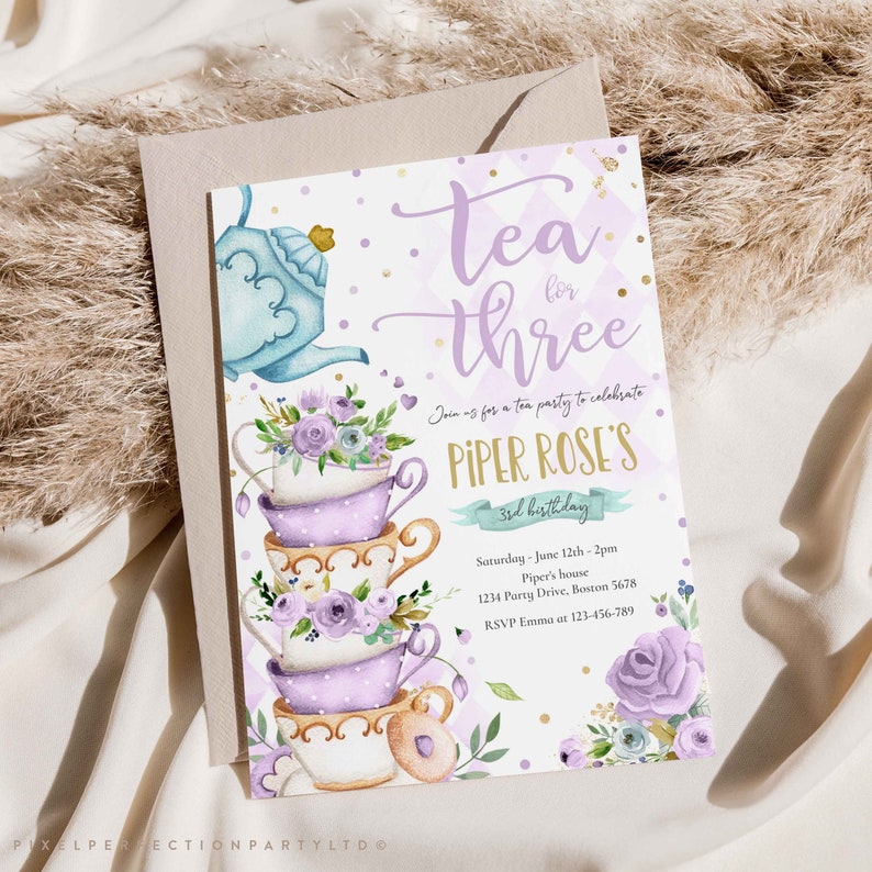 Editable Tea for Three Birthday Invitation Tea for Three 3rd Birthday ...