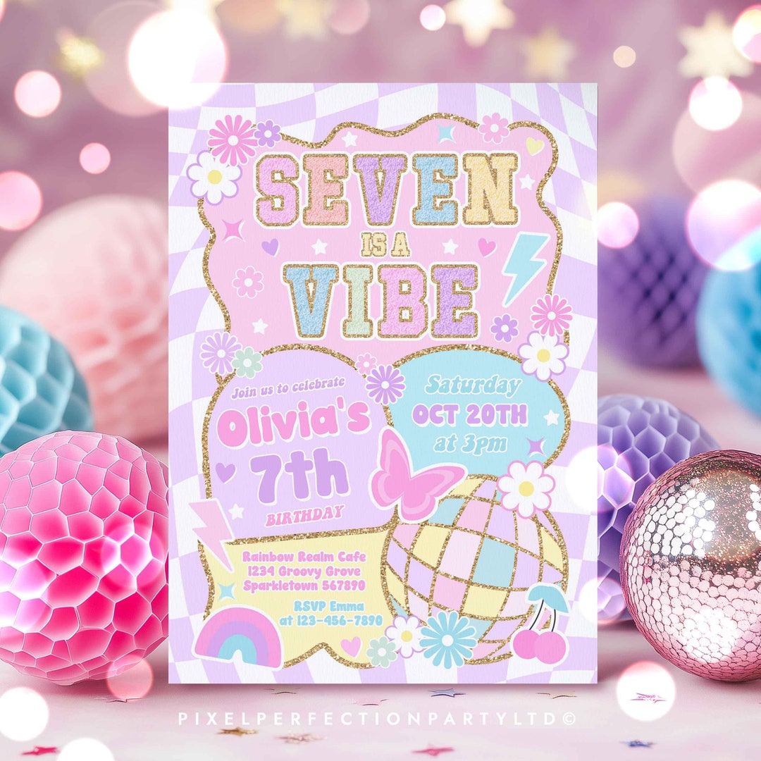 Editable Seven is A Vibe Preppy 7th Birthday Party Invitation Groovy ...