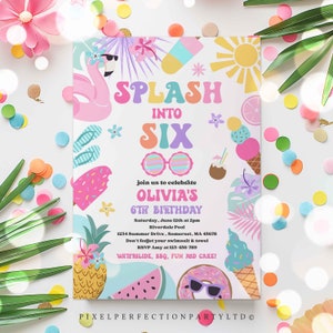 Editable Splash Into Six 6th Birthday Pool Party Invitation Tropical ...