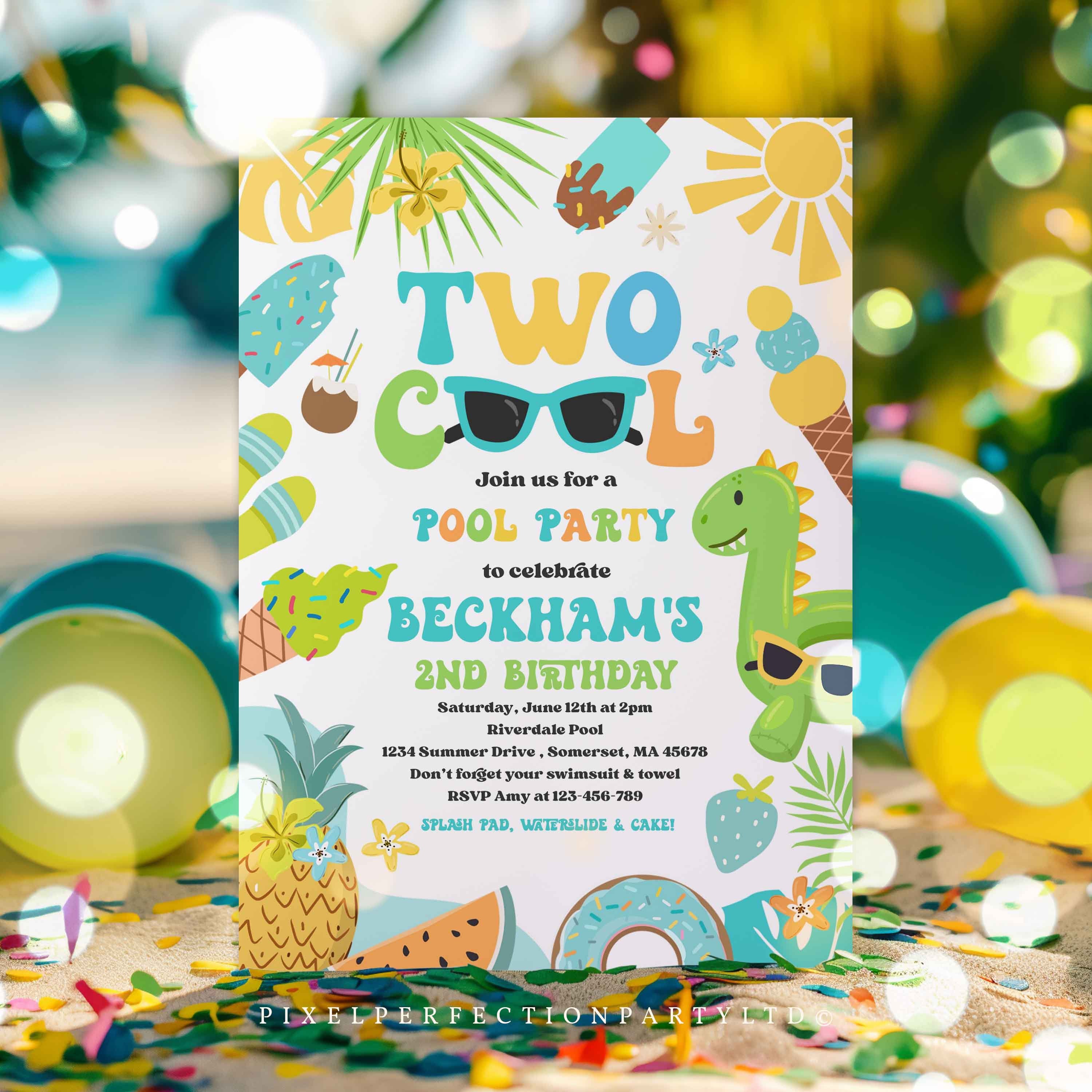 Editable Two Cool Birthday Party Invitation Tropical Splish Splash ...