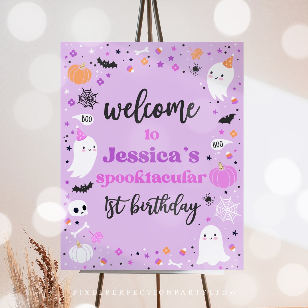 Editable Purple Halloween Ghost Welcome Sign Pink Ghost Spooky Party ...