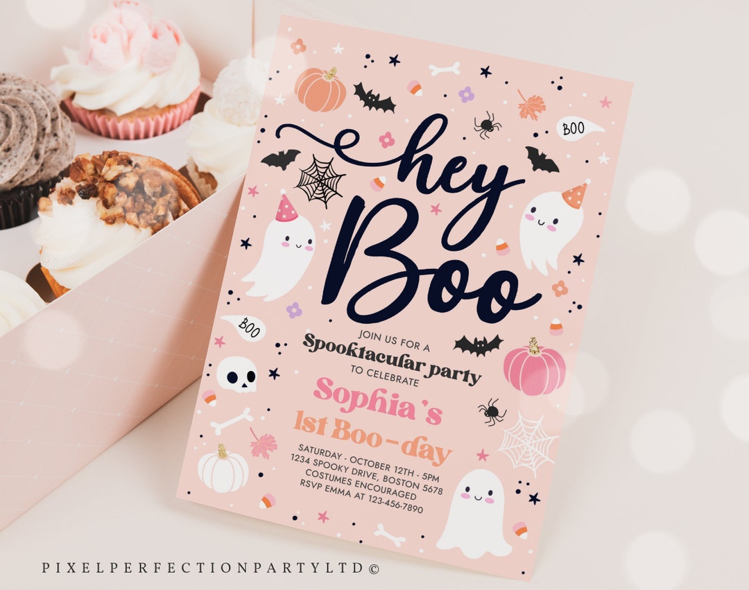 Editable Halloween Pink Ghost Birthday Invitation Hey Boo Girly Cute ...