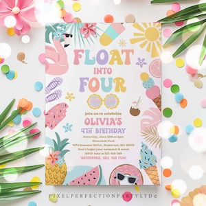 Editable Float Into Four 4th Birthday Pool Party Invitation Tropical ...