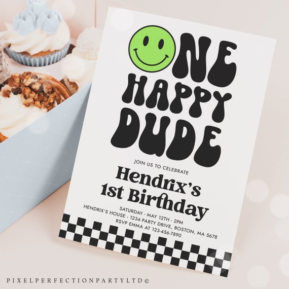 Editable One Happy Dude Birthday Invitation Smiley Face 1st Birthday ...