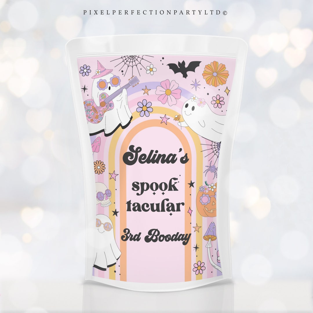 Editable Spooky Halloween Ghost Birthday Juice Pouch Labels Retro ...