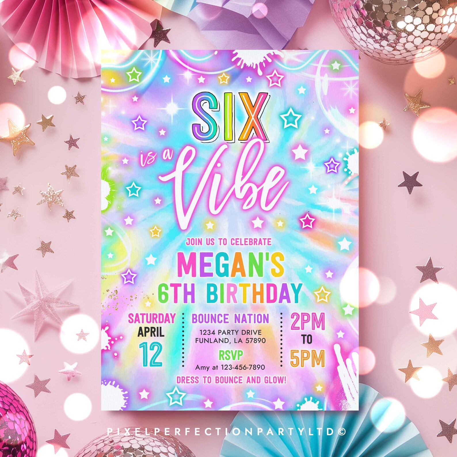 Editable Six is A Vibe 6th Birthday Party Invitation Six is A Vibe Neon ...