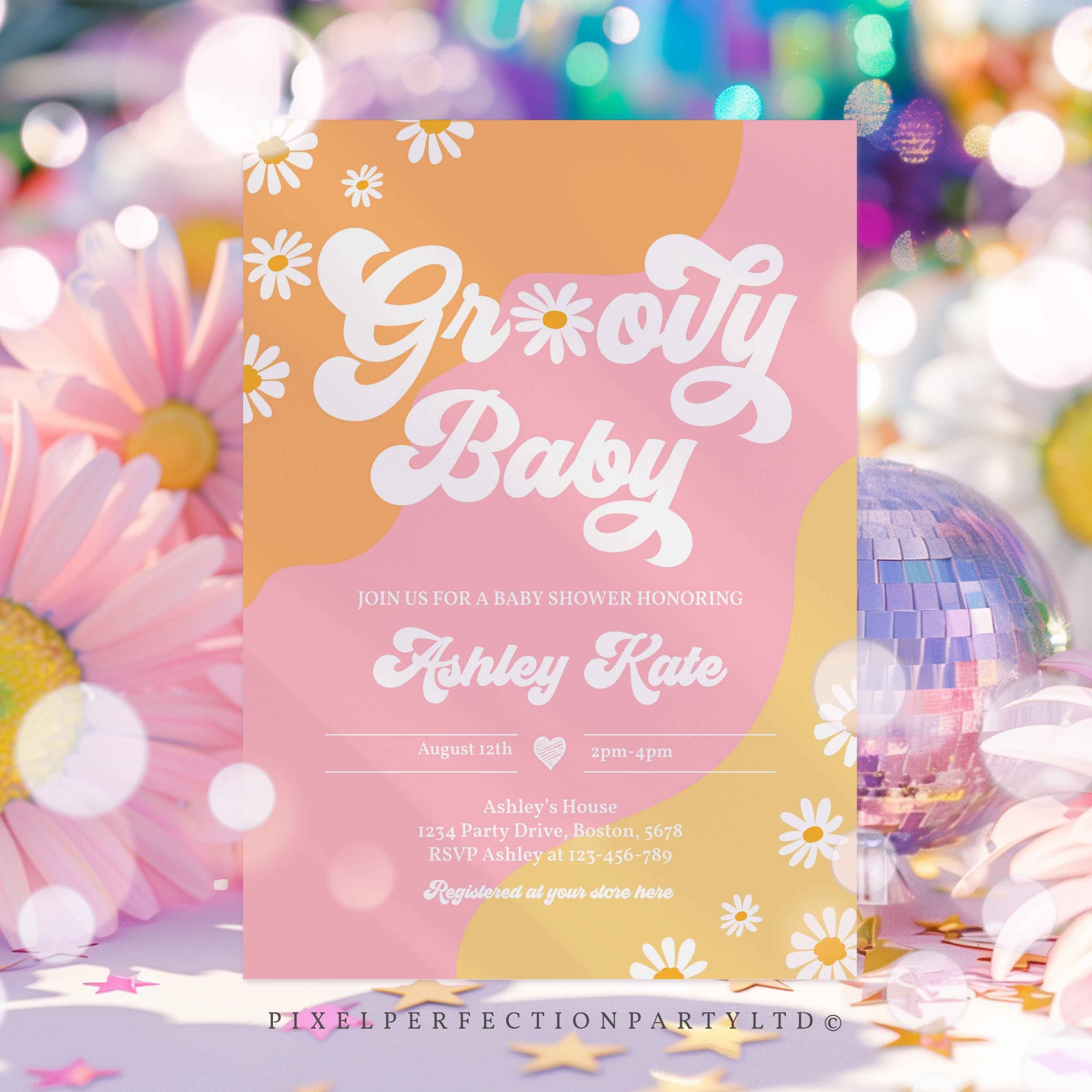 Editable Groovy Baby Shower Invitation Retro Groovy Bohemian Hippie ...