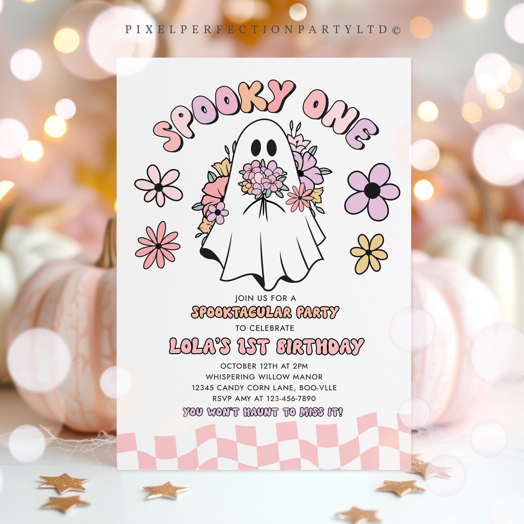 Editable Spooky One Halloween Ghost 1st Birthday Invitation Retro ...