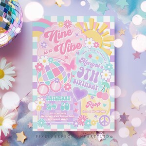 Editable Nine is A Vibe 9th Birthday Party Invitation Rainbow Sunshine ...