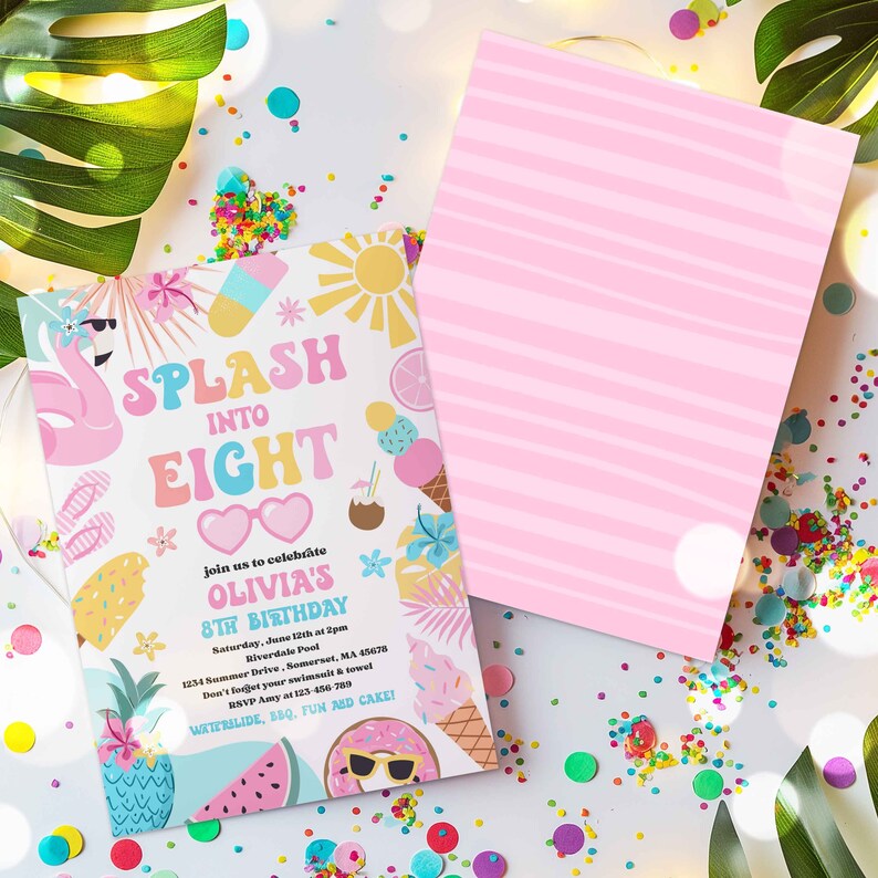 Editable Splash Into Eight 8th Birthday Pool Party Invitation Tropical ...