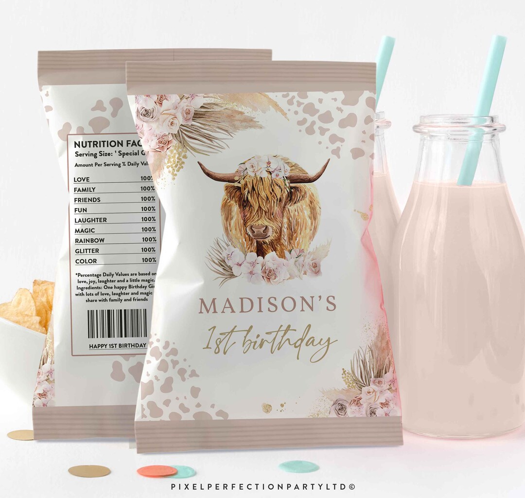 Editable Highland Cow Birthday Party Chip Bag Labels Holy Cow Decor ...