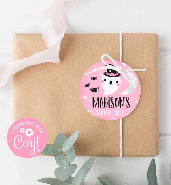 Editable Halloween Pink Ghost Party Favor Tag Cute Spooky Ghost Sticker ...