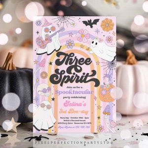 Editable Three Spirit Halloween Ghost 3rd Birthday Invitation Retro ...