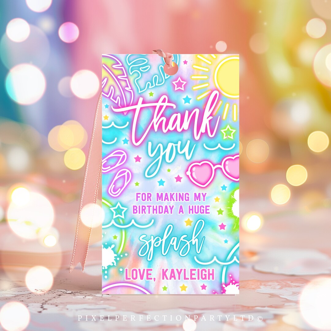 Editable Pool Party Birthday Favor Tag Tropical Neon Splish Splash ...