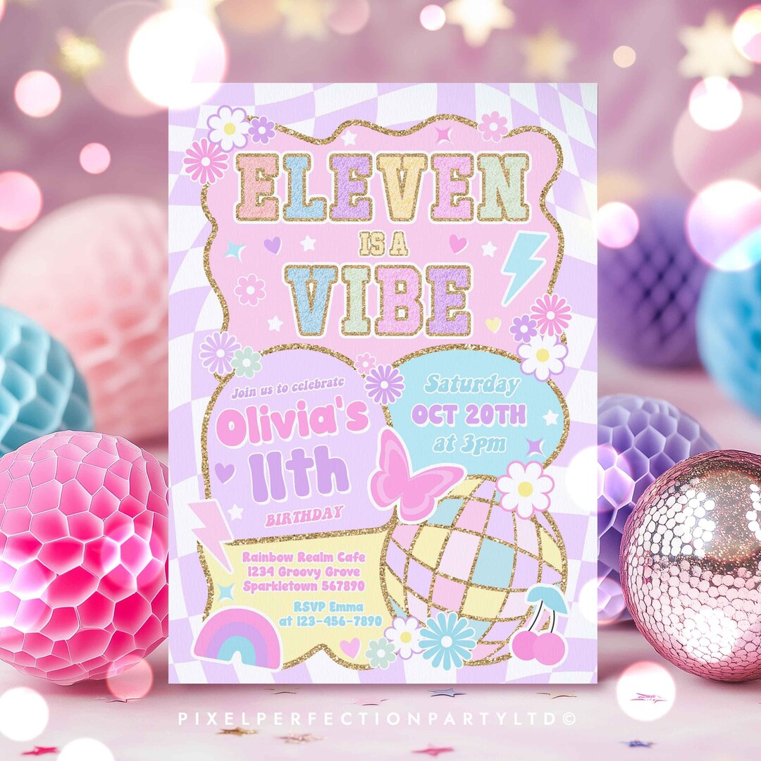 Editable Eleven is A Vibe Preppy 11th Birthday Party Invitation Groovy ...
