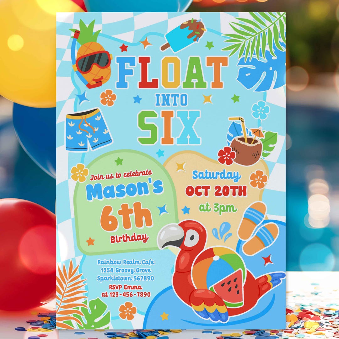 Editable Tropical Splish Splash 6th Birthday Pool Party Invitation ...