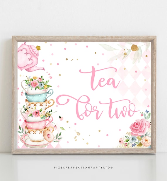 Tea For Two Party Sign Pink & Gold Floral Tea Par-Tea Sign Floral ...