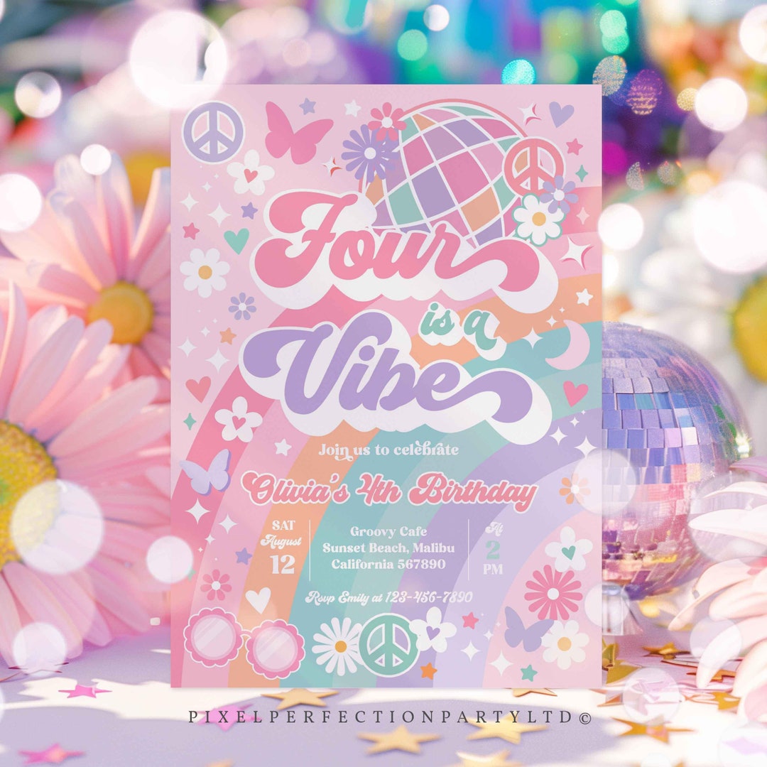 Editable Four is A Vibe 4th Birthday Party Invitation Rainbow Sunshine ...