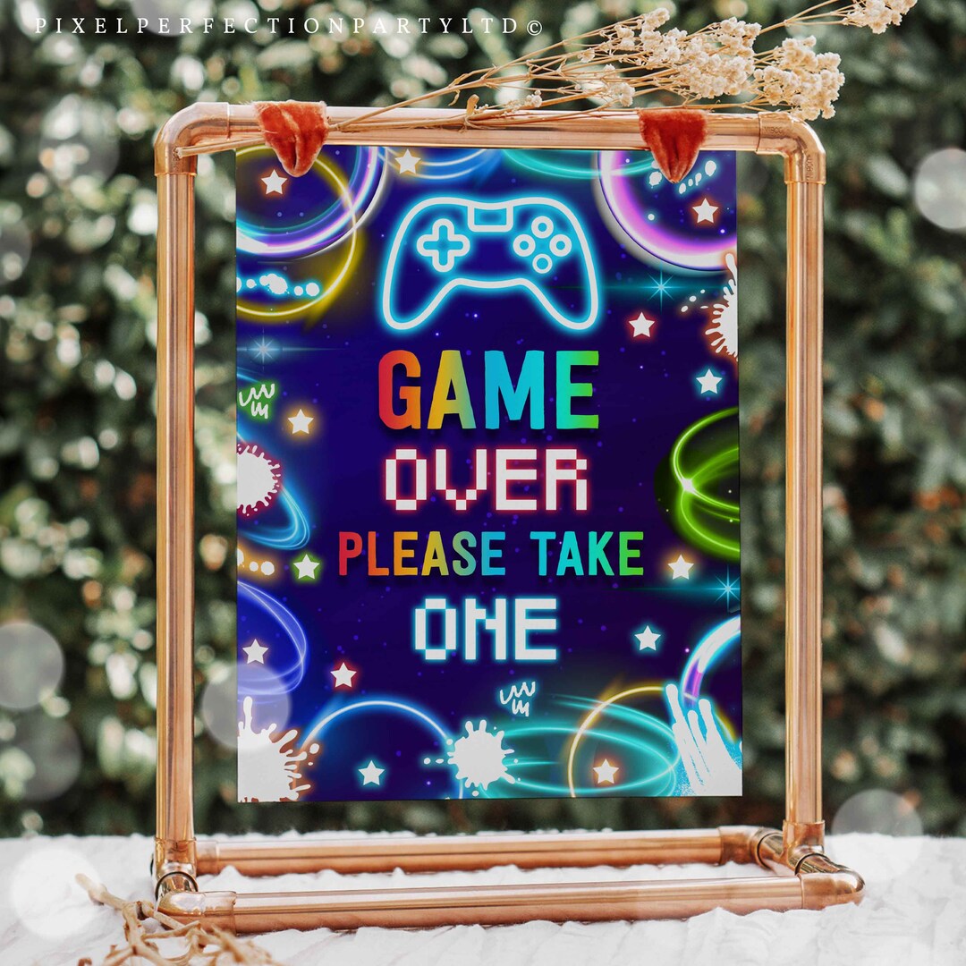 Video Game Game Over Take One Party Sign Neon Gamer Birthday Game on ...