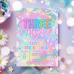 Editable Little Miss Three-nager 3rd Birthday Party Invitation Neon ...