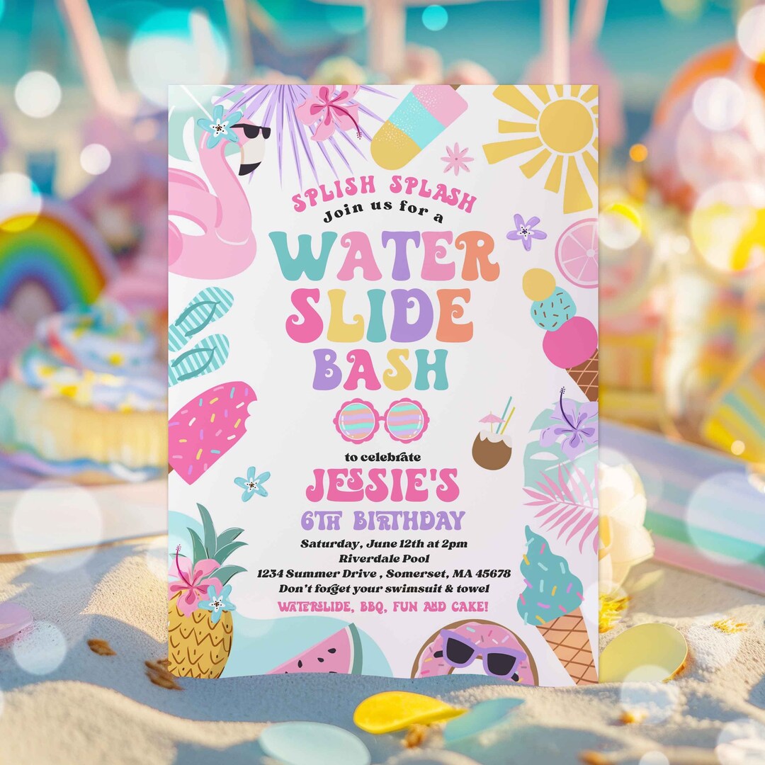 Editable Water Slide Birthday Party Invitation Tropical Splish Splash ...