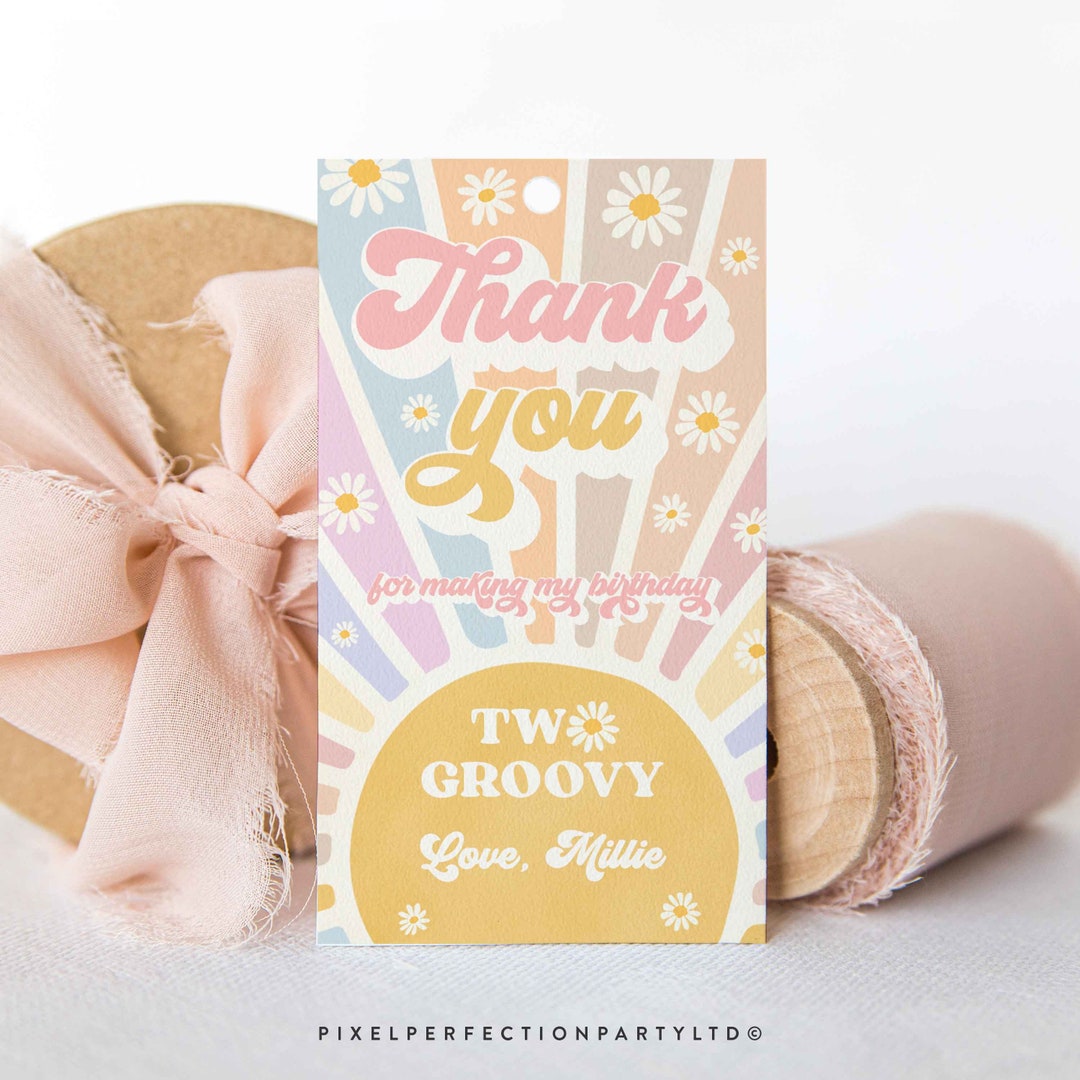 Editable Groovy Birthday Party Favor Luggage Tag Retro Sunshine Two ...