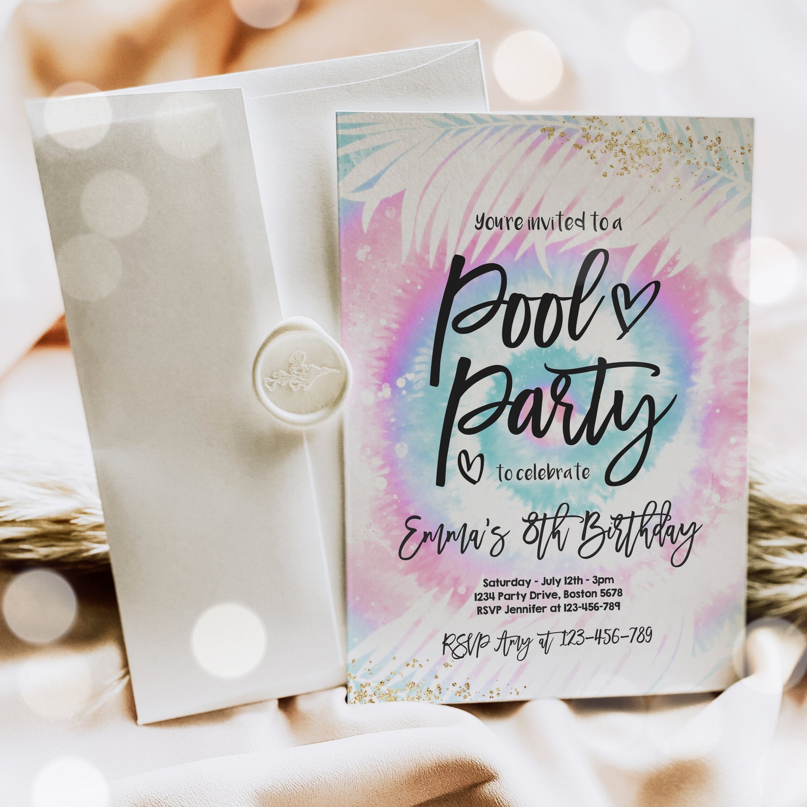 Editable Pool Party Invitation Girly Pink & Blue Tie Dye Pool | Etsy