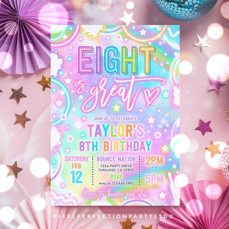 Editable Eight is Great Birthday Party Invitation Neon Glow 8th ...