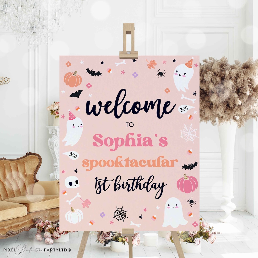 Editable Pink Halloween Ghost Welcome Sign Pink Ghost Spooky Party Sign ...