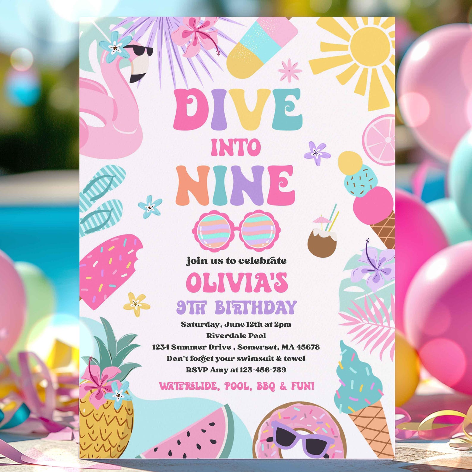 Editable Dive Into Nine 9th Birthday Party Invitation Tropical Summer ...